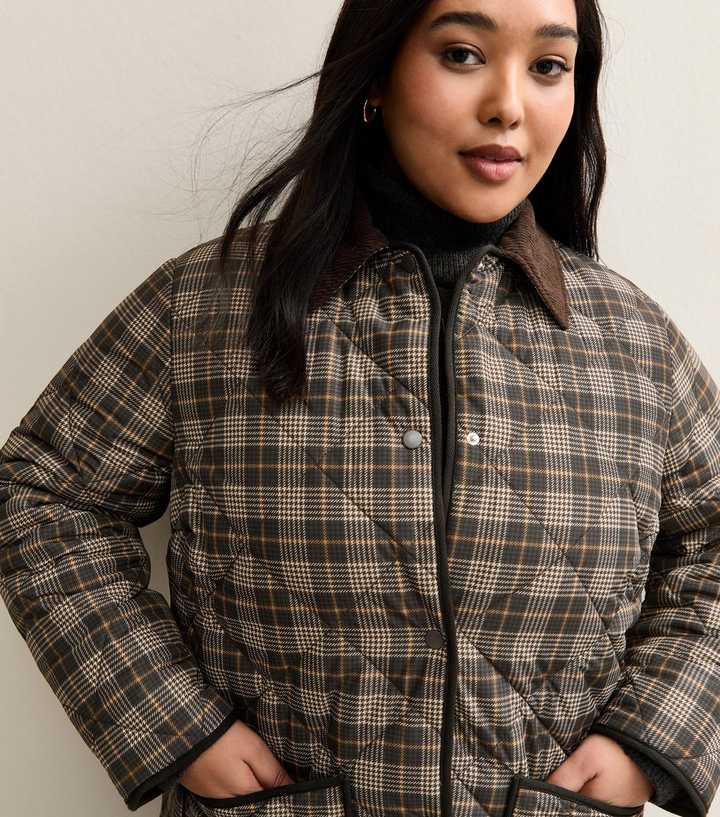 Curves Brown Checked Quilted Padded Jacket | New Look
