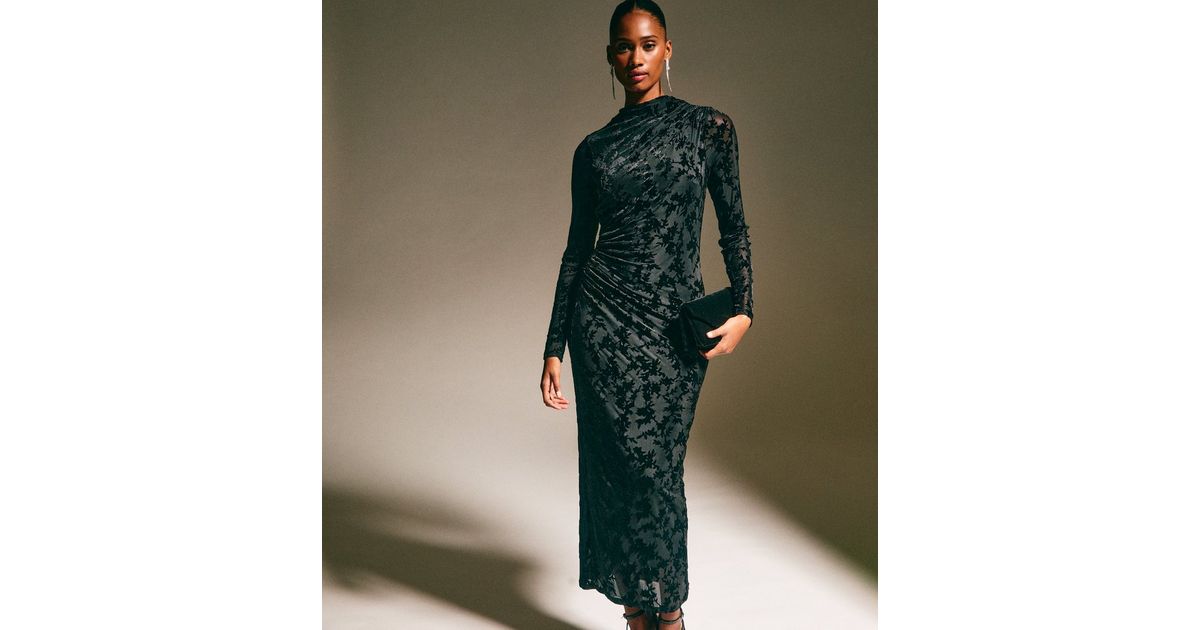 Black Velvet Floral Devore Long Sleeve Midi Dress | New Look