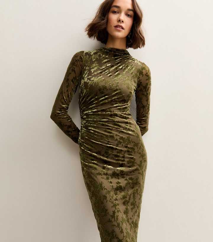 Light Khaki Velvet Floral Devore Long Sleeve Midaxi Dress | New Look