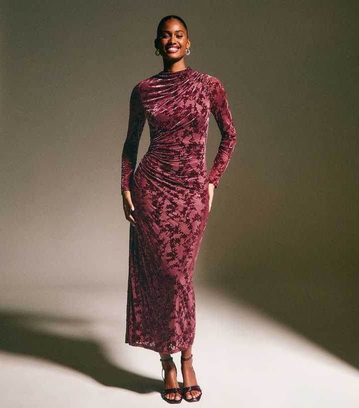 Burgundy Velvet Floral Devore Long Sleeve Midi Dress | New Look