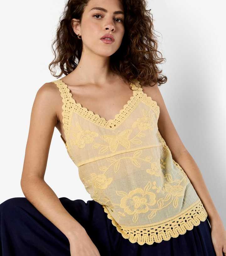 Apricot Yellow Embroidered Crochet Top | New Look