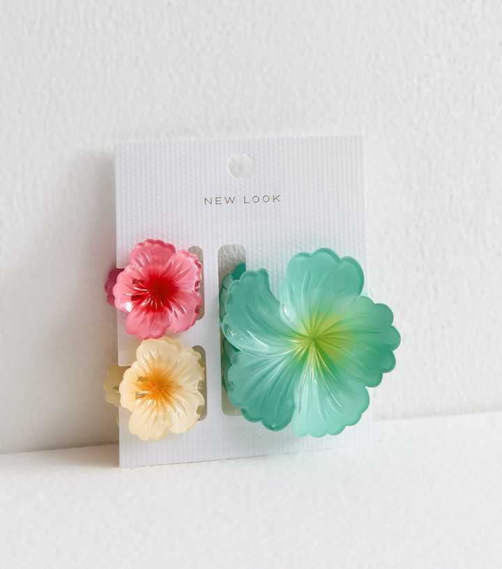 Pack Of 3 Multicoloured Hibiscus Flower Hair Claw Clips | New Look