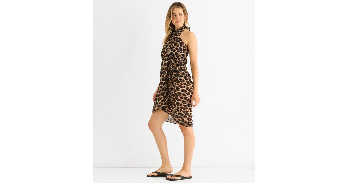Gini London Brown Animal Print Multiwear Beach Sarong | New Look