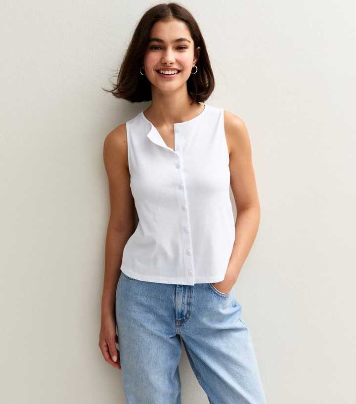 White Button Front Tank Top | New Look