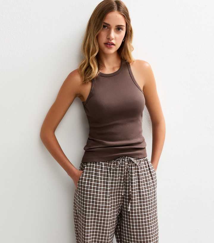 Dark Brown Ribbed Racer Back Vest Top | New Look