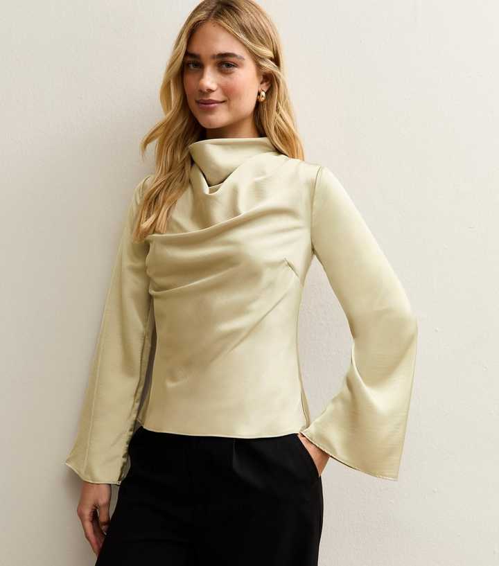 Cream Satin Cowl Neck Long Sleeve Top | New Look