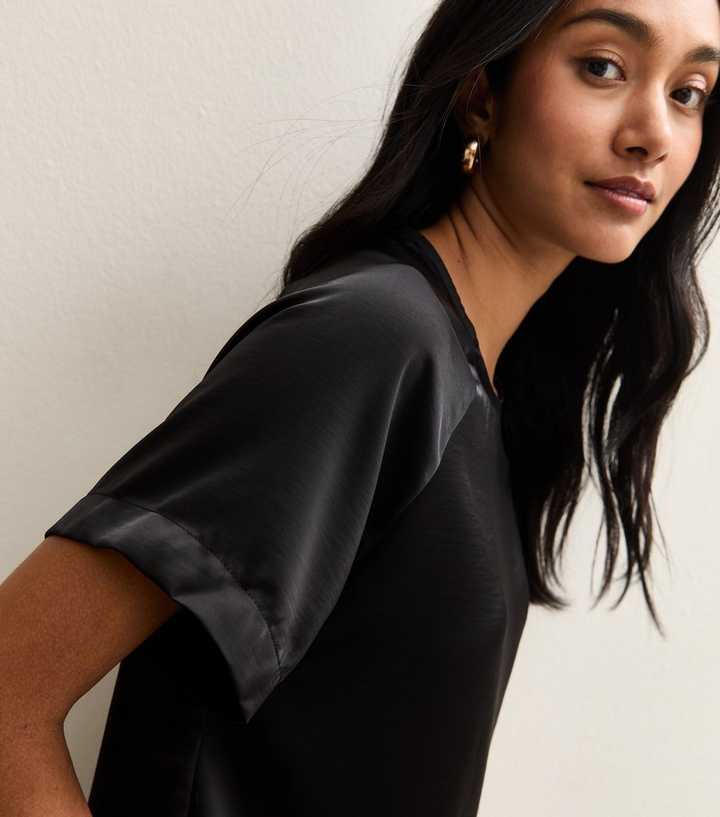 Black Satin Short Raglan Sleeve Top | New Look