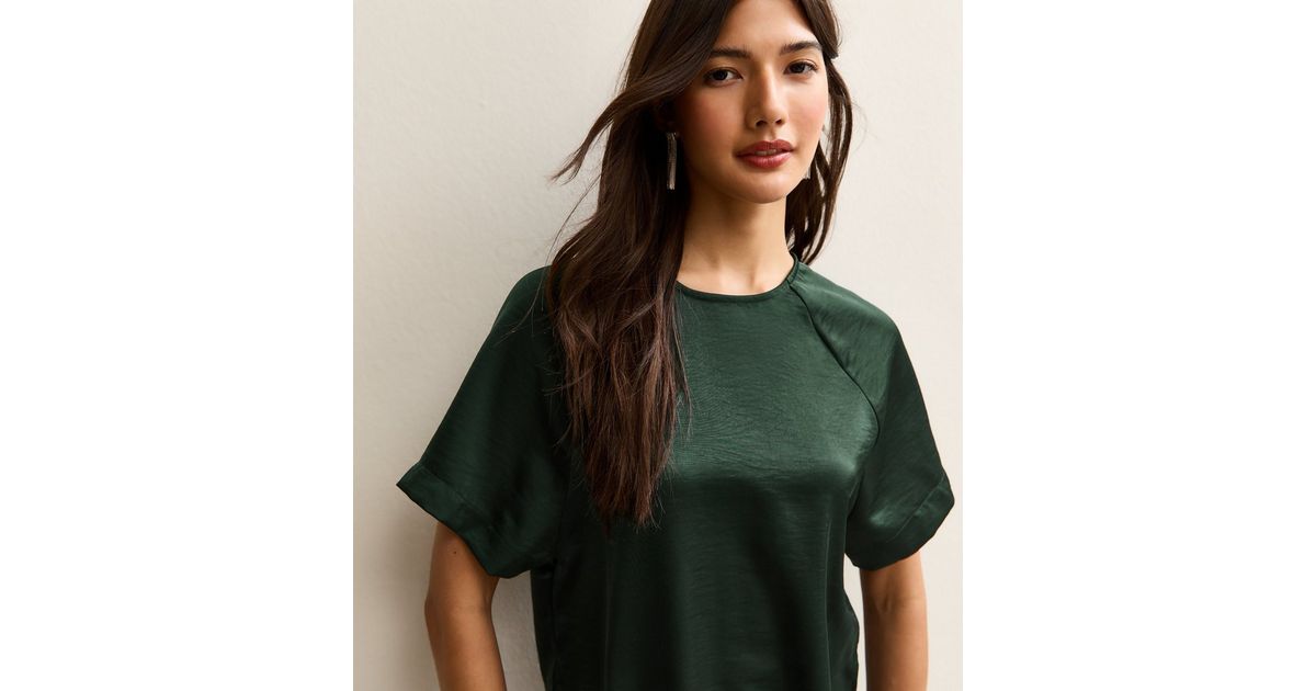 Dark Green Satin Short Raglan Sleeve Top | New Look