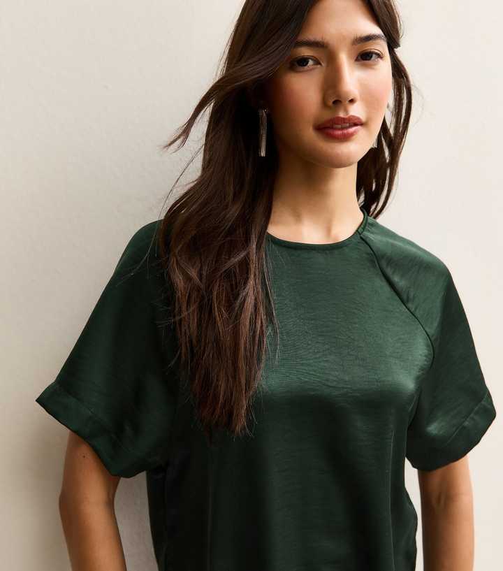 Dark Green Satin Short Raglan Sleeve Top | New Look