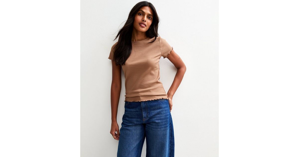 Brown Ribbed Frilly Trim T-Shirt | New Look