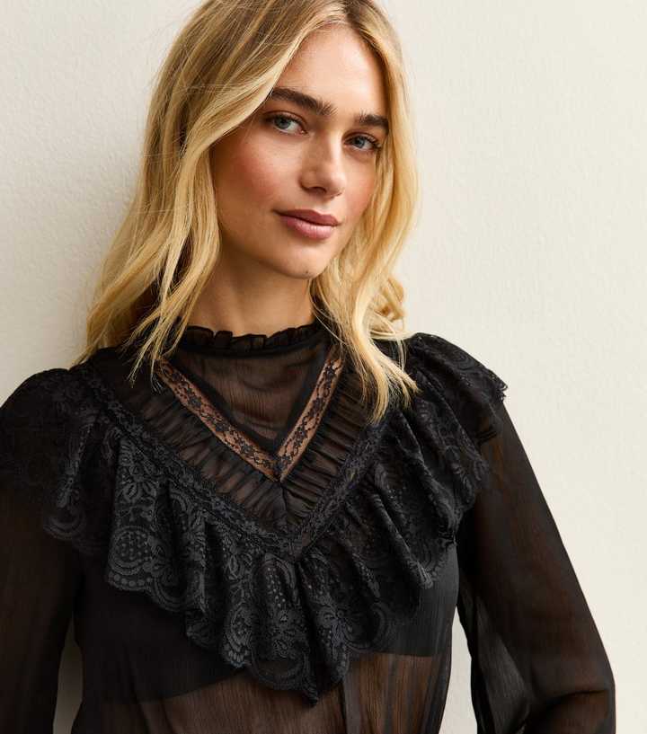 Black Lani Lace Insert Chiffon High Neck Blouse | New Look