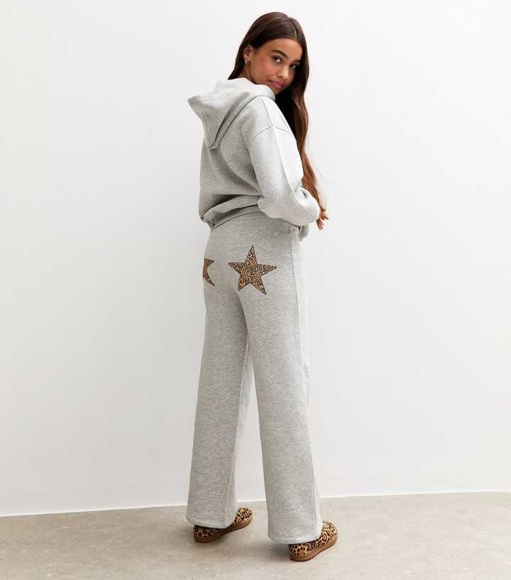 Girls Grey Leopard Print Star Wide Leg Joggers | New Look