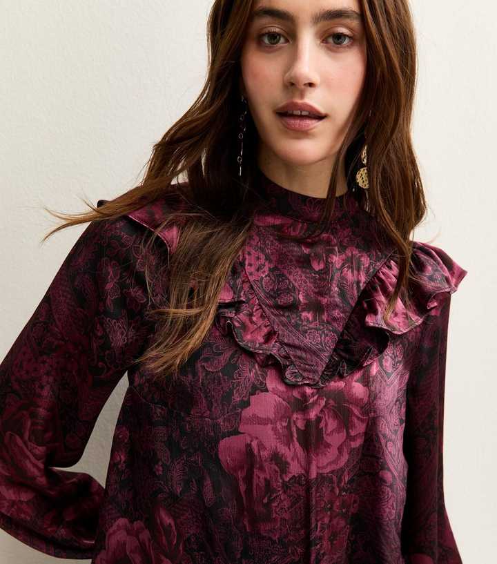 Red Floral Print High Neck Blouse | New Look