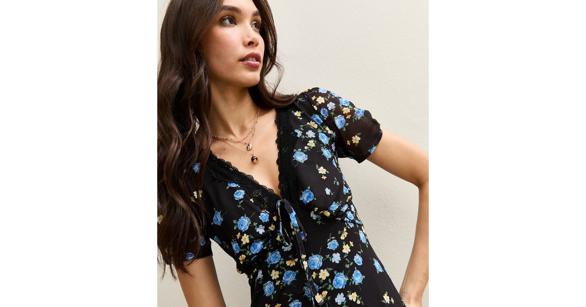 Black Rose Print Lace Trim Mesh Midi Dress | New Look