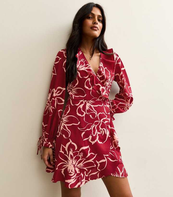 Red Flower Print Wrap Mini Dress | New Look