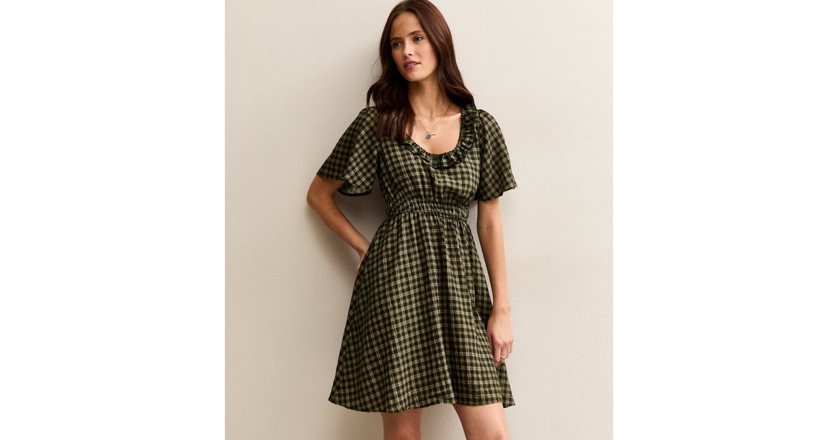 Green Checked Ruffle Trimmed Mini Dress | New Look