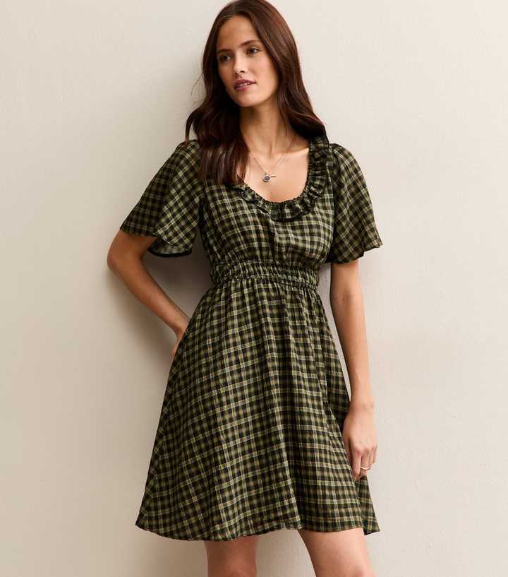 Green Checked Ruffle Trimmed Mini Dress | New Look