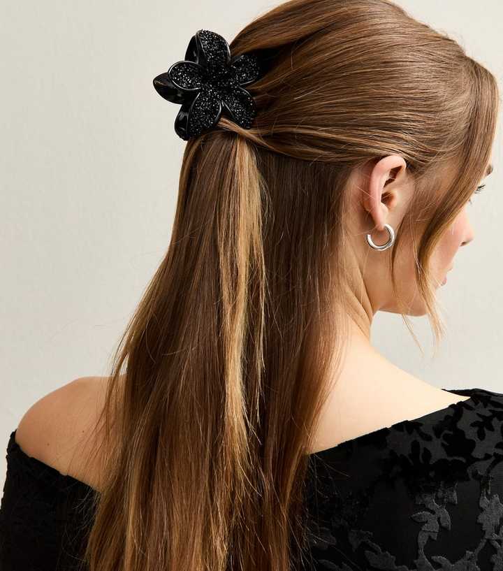 Black Gem Embellished Tropical Flower Hair Claw Clip | New Look