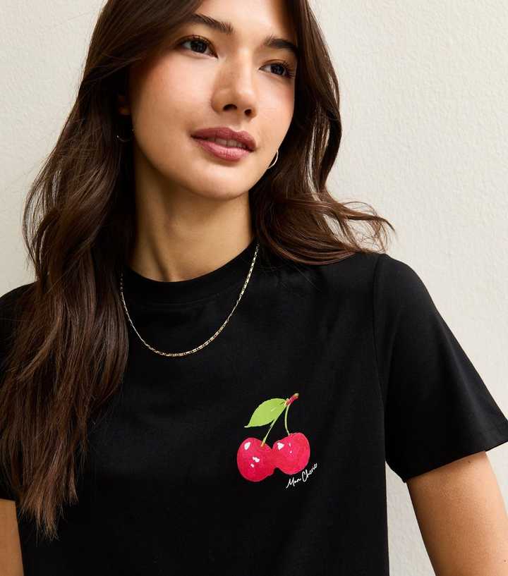 Black Cherry Print Relaxed Fit T-Shirt | New Look