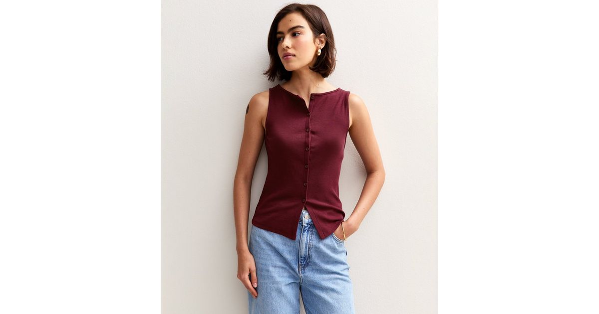 Burgundy Ribbed Button Front Tank Top | New Look
