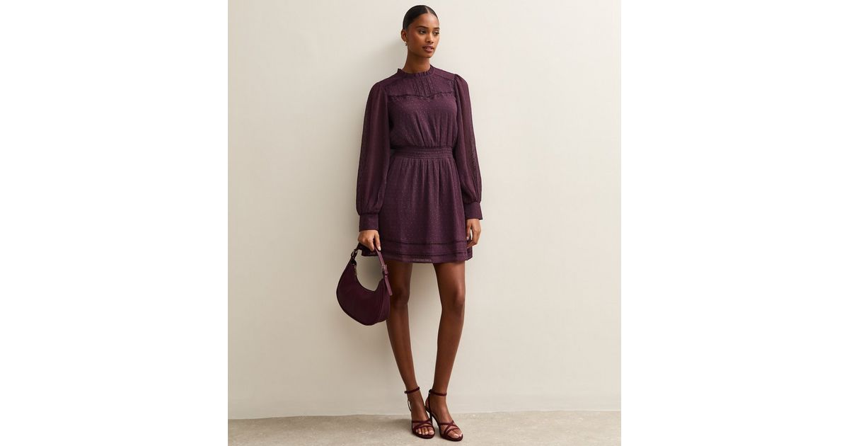 Dark Burgundy Dobby Long Sleeve Mini Dress | New Look