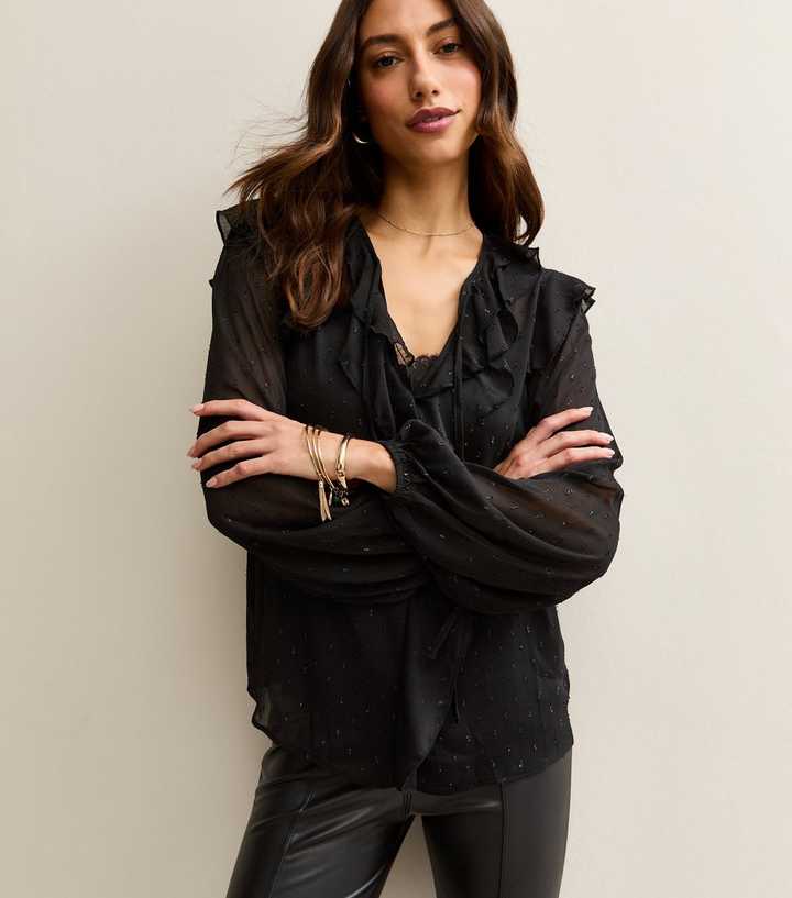 Tall Black Metallic Spot Frill Sheer Blouse | New Look