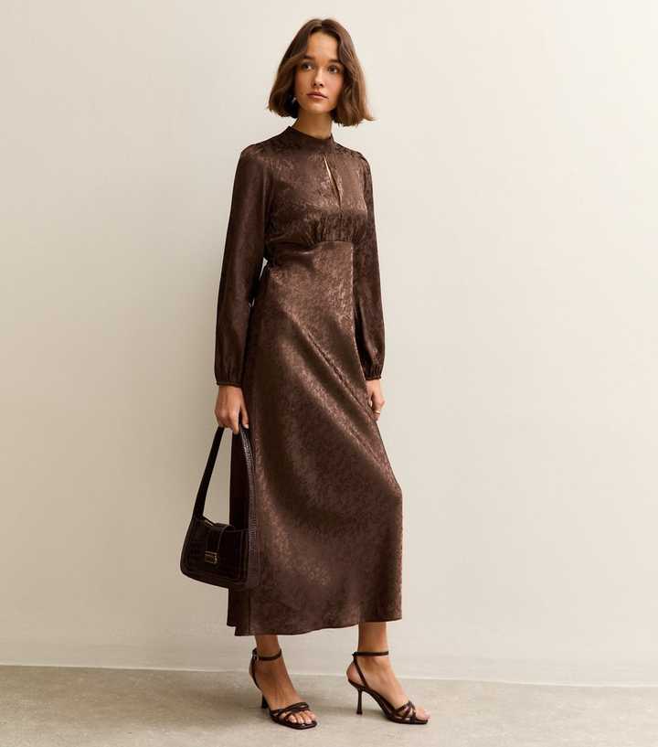 Brown Satin Jacquard Keyhole Neck Midi Dress | New Look