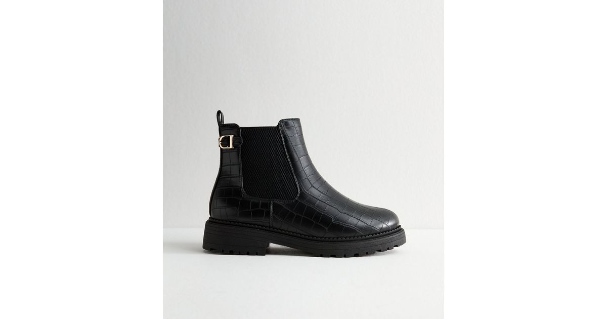 Wide Fit Black Crocodile Effect Leather Ankle Boots | New Look