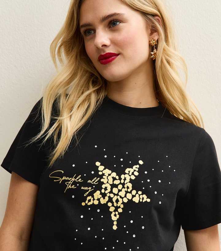 Black Leopard Pattern Star Print T-Shirt | New Look