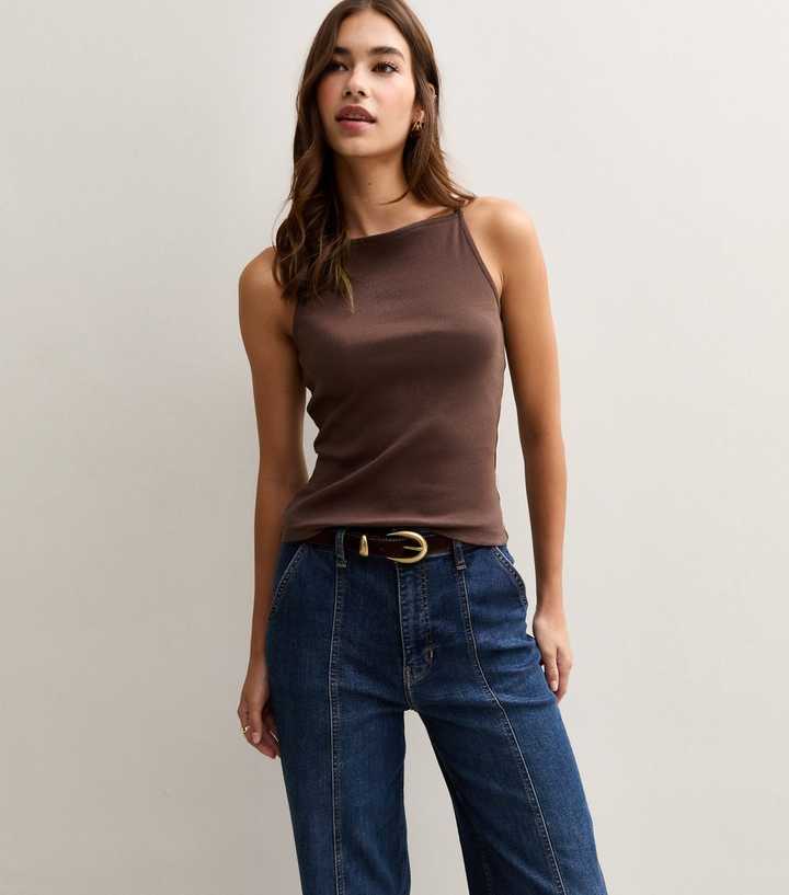 Dark Brown Ribbed Jersey Apron Vest | New Look