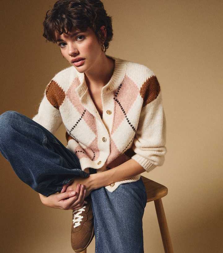 Cream Argyle Crew Neck Cardigan | New Look