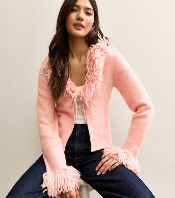 Light Pink Tie Front Fringe Cardigan | New Look