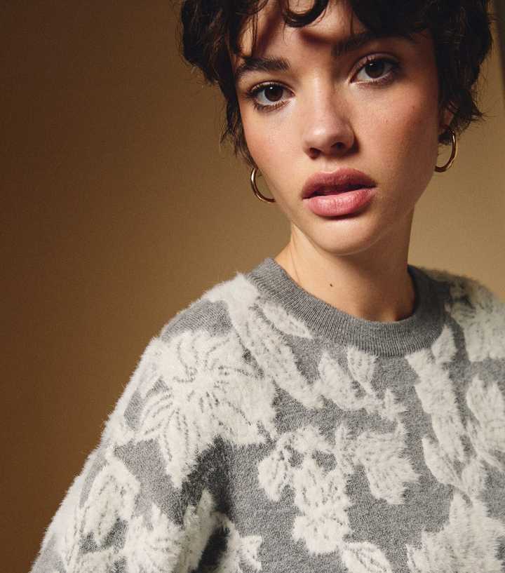 Grey Brushed Floral Crew Neck Jumper | New Look