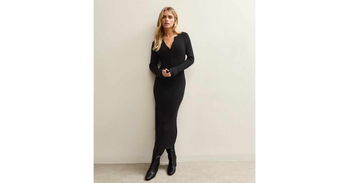 Petite Black Ribbed Henley Midi Dress | New Look
