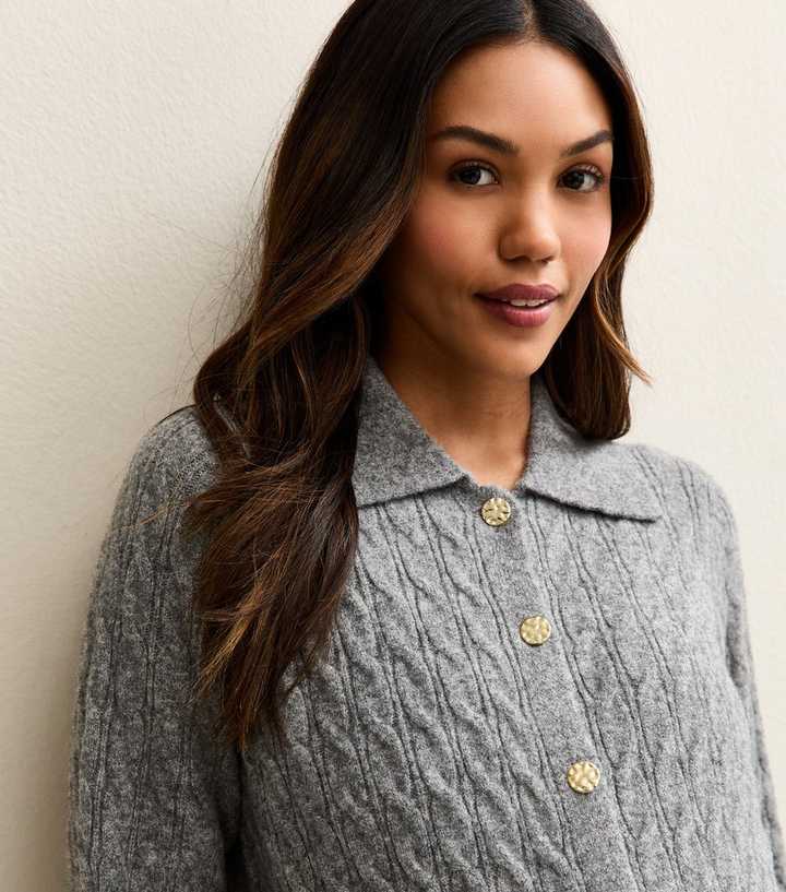 Maternity Mid Grey Collared Cable Knit Cardigan | New Look
