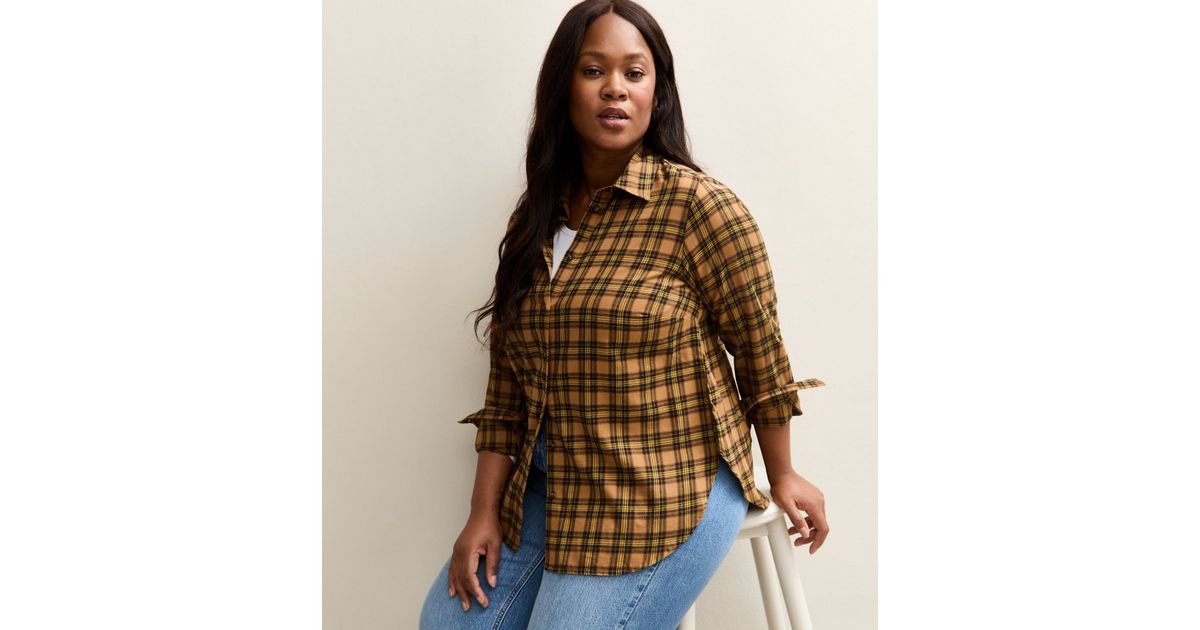 Curves Brown Checked Button Up Shirt | New Look