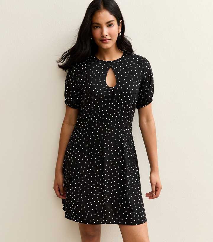 Black Polka Dot Keyhole Mini Dress | New Look