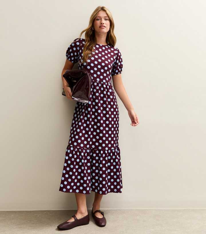 Red Spot Print Crinkle Texture Bow Back Midi Dress | New Look