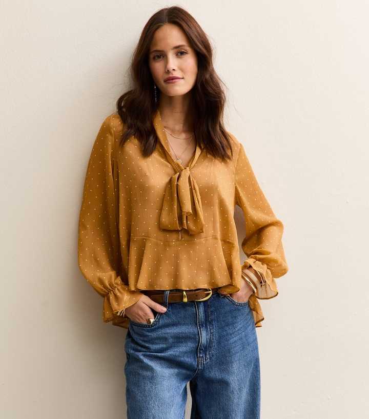 Yellow Spot Print Pussybow Collar Chiffon Blouse | New Look