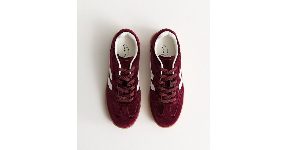 Burgundy Velvet Contrast Panel Trainer | New Look