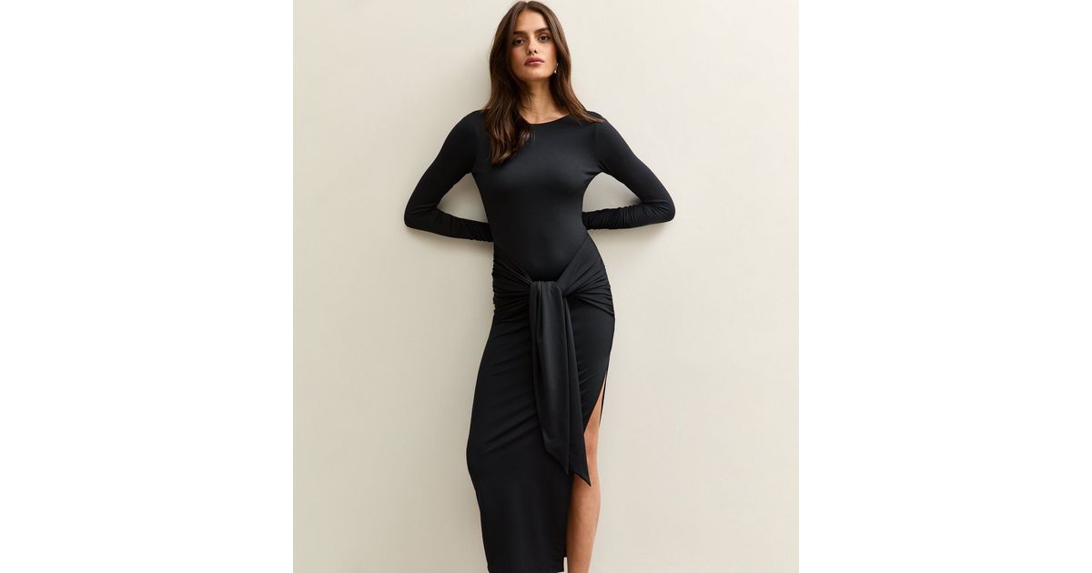 Black Belted Side Slit Bodycon Midi Dress | New Look