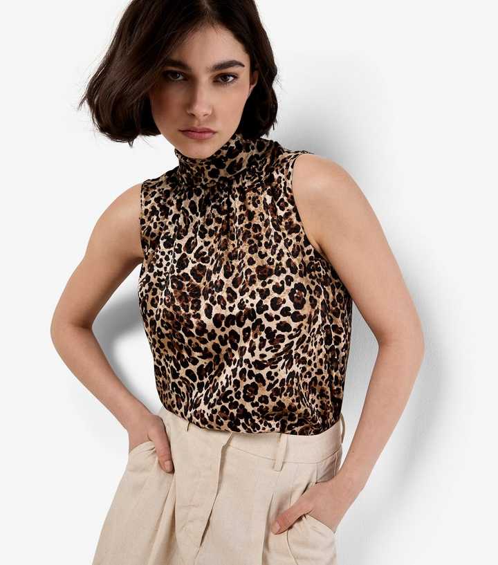 Apricot Brown Leopard Print Sleeveless Tie Neck Top | New Look