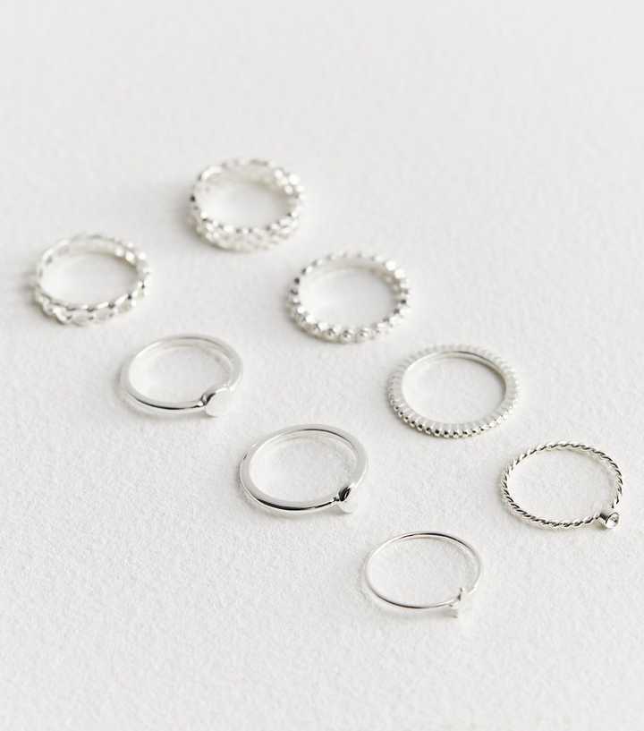 Pack of 8 Mixed Silver Tone Rings | New Look