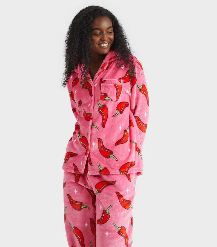 Skinnydip Pink Fleece Chilli Print Shirt and Trousers Pyjama Set | New Look