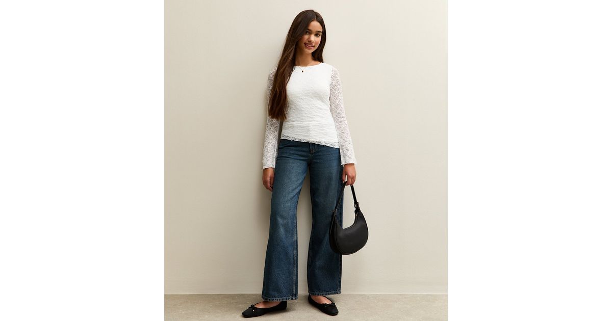 Girls White Long Sleeve Lace Asymmetric Hem Top | New Look