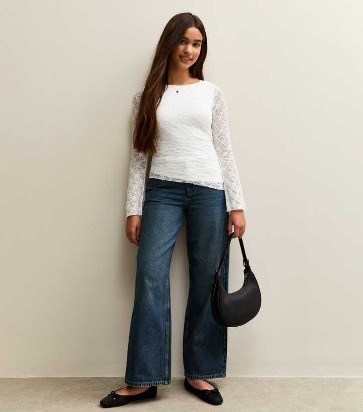 Girls White Long Sleeve Lace Asymmetric Hem Top | New Look