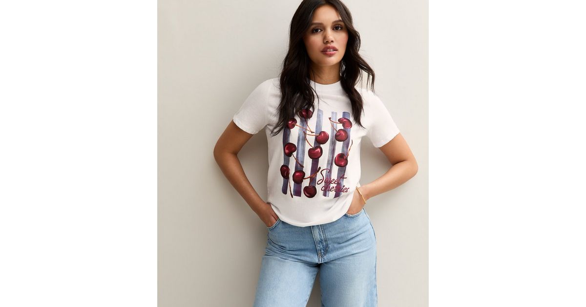 White Striped Cherry Print T-Shirt | New Look