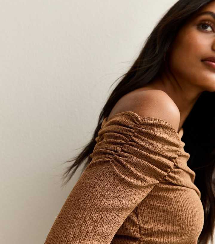 Light Brown Asymmetric Ruched Waist Long Sleeve Top | New Look