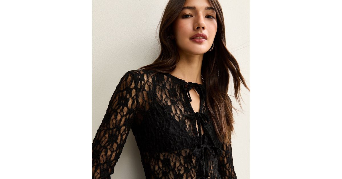 Black Lace Tie Front Long Sleeve Top | New Look