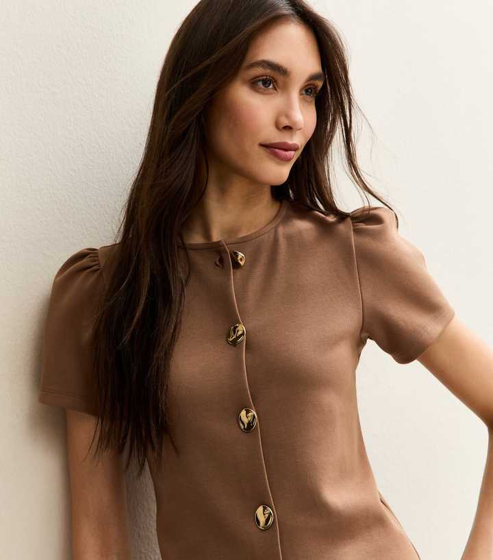 Mink Puff Sleeve Crew Neck Button Through Top | New Look